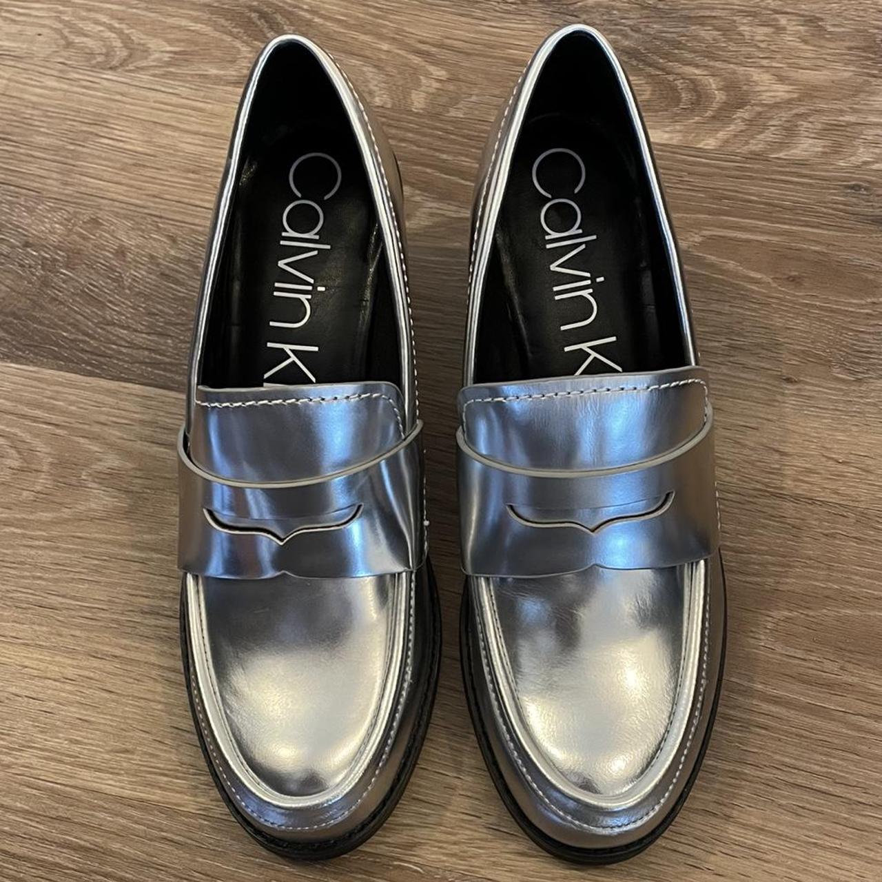 Calvin Klein Silver Heeled Loafers (Leather) - UK... - Depop