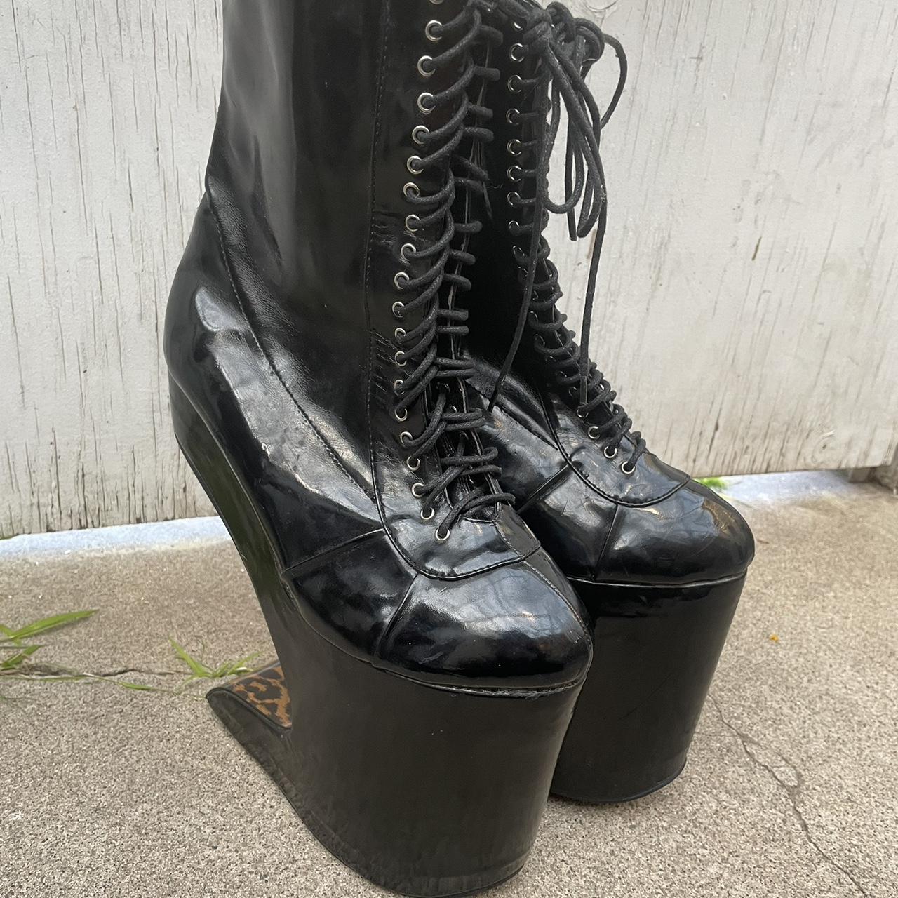 Black vinyl heel less platform heels with leopard... - Depop