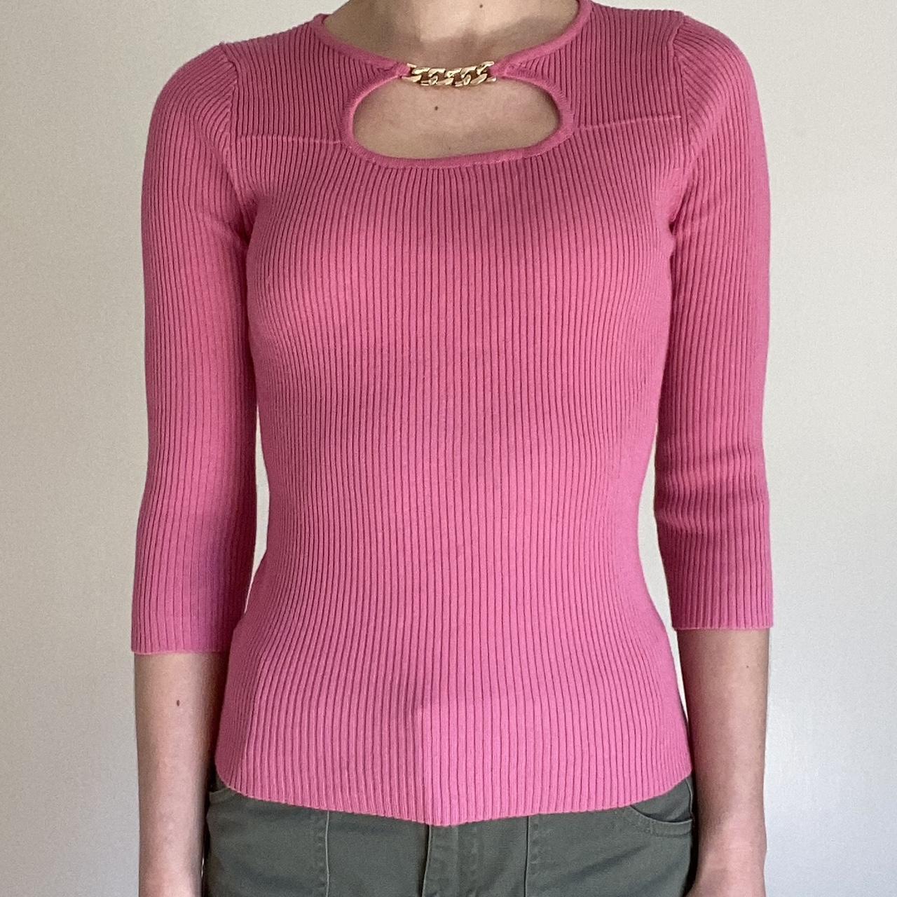 Tahari pink top with cutout and gold chain detail.... - Depop