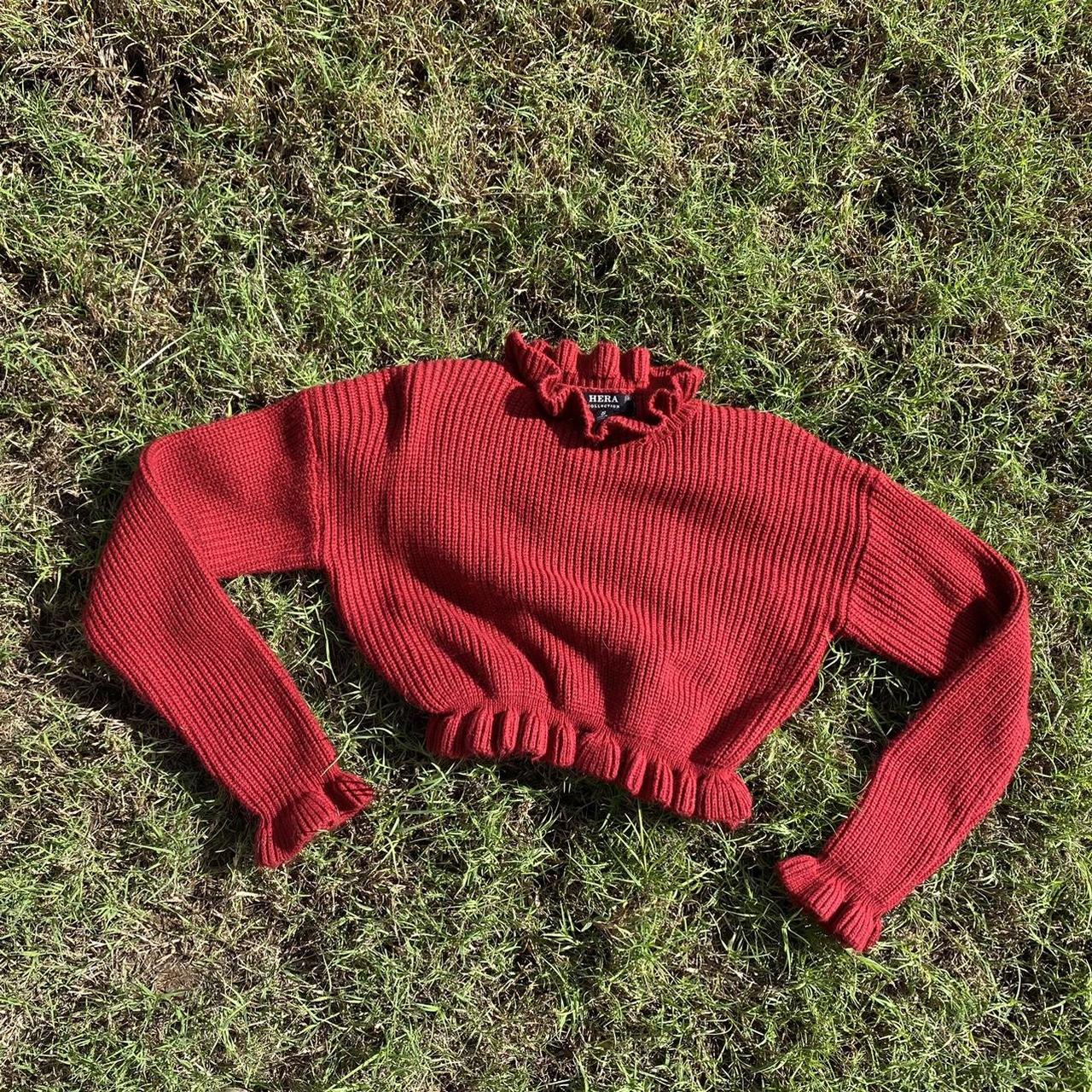 red ribbed ruffle / lettuce hem turtle neck crop... - Depop