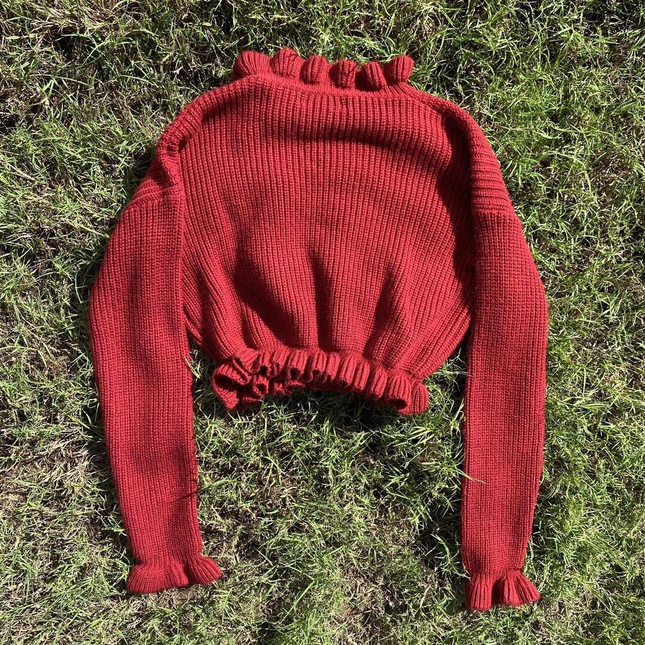 red ribbed ruffle / lettuce hem turtle neck crop... - Depop