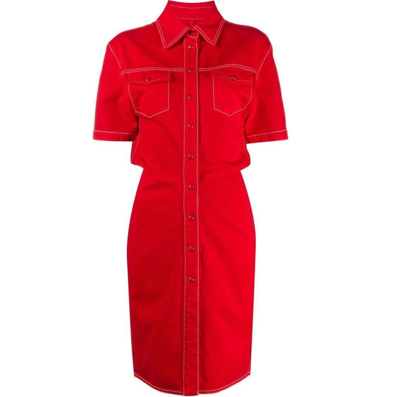 Off-White Red Denim Dress. Soo cute! Can’t fit it... - Depop