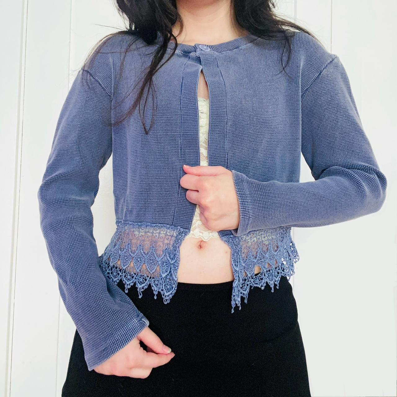90s Periwinkle cardigan with lace trim It also has a... - Depop
