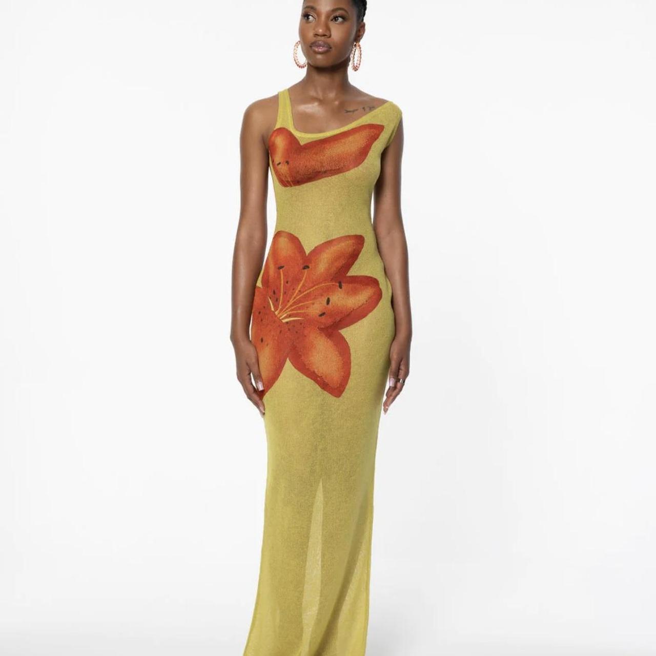 Hanifa chartreuse flora dress // never worn but has... - Depop