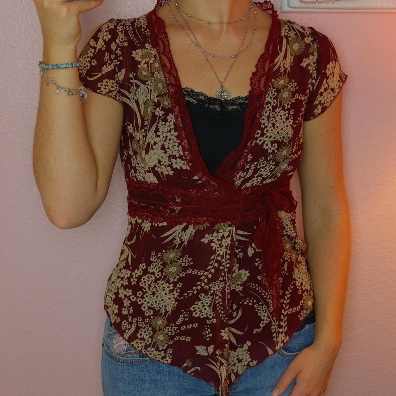 Early 2000s wrap blouse Dainty sheer fabric Lace... - Depop