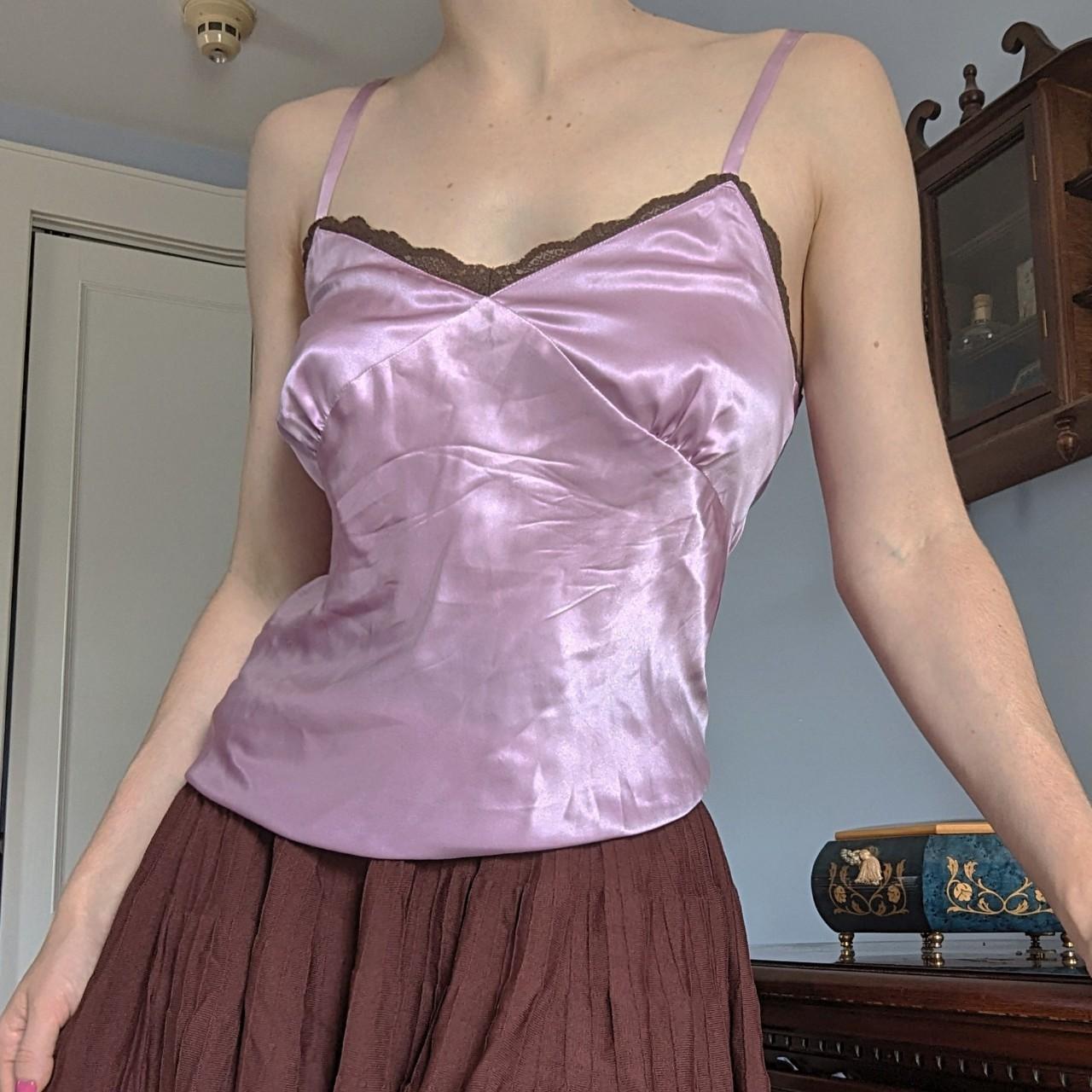 Pale purple / lavender silk top with a brown lace... | Depop