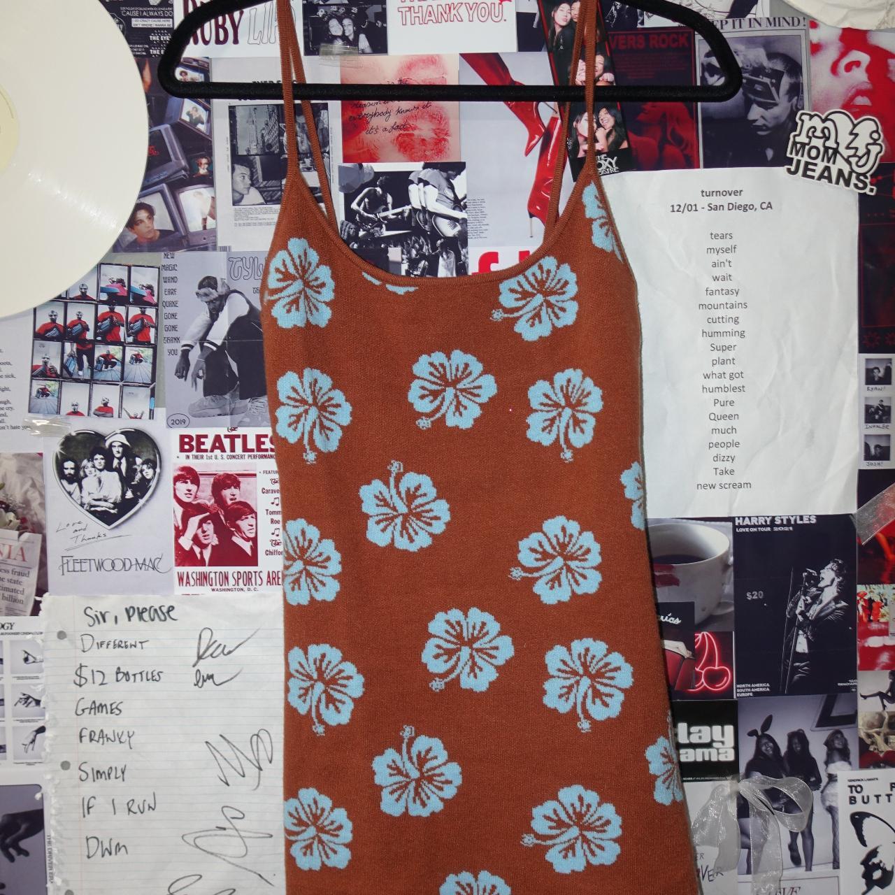 pacsun brown and blue floral patterned knit dress - Depop