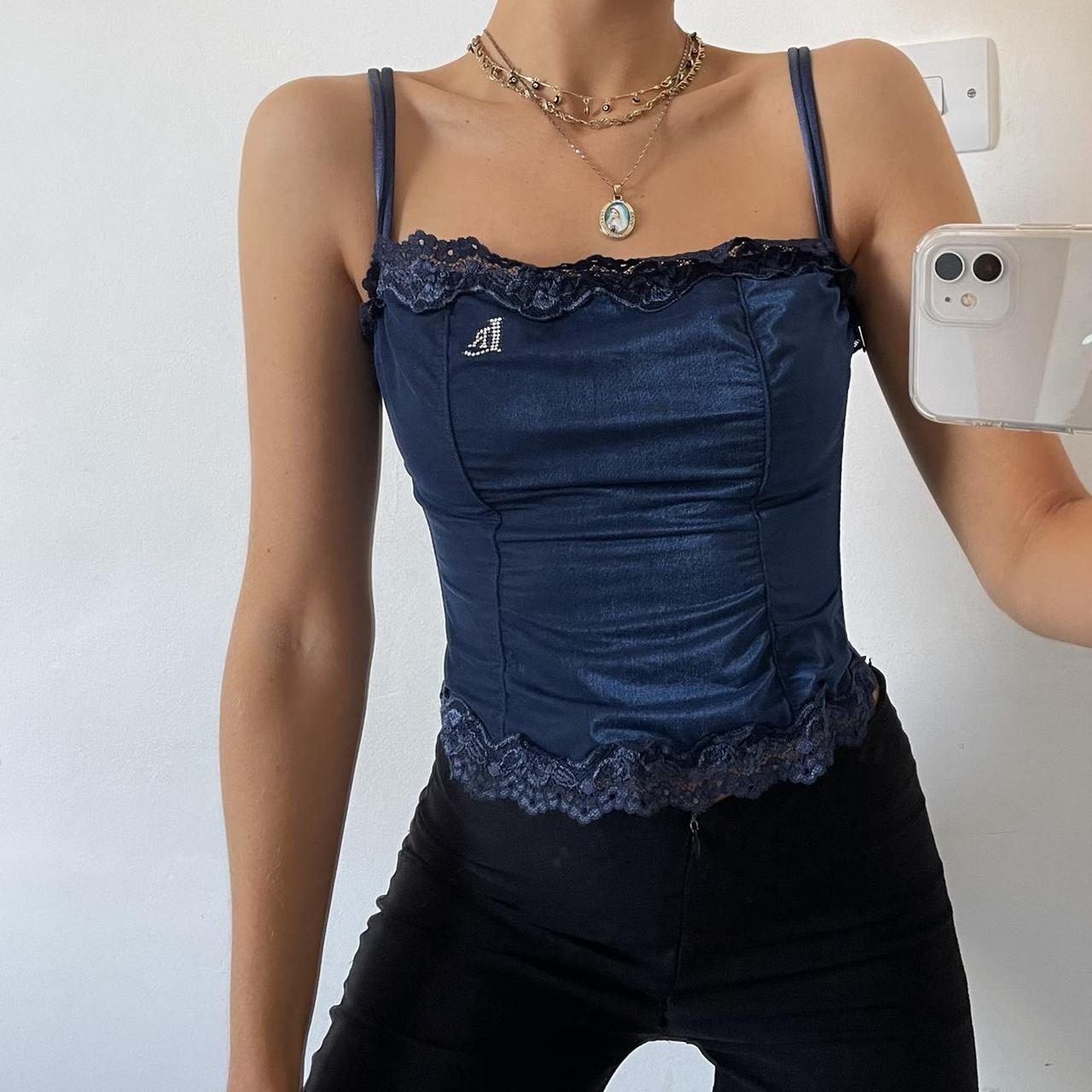 Gorgeous vintage Italian bustier, dark blue satiny... - Depop