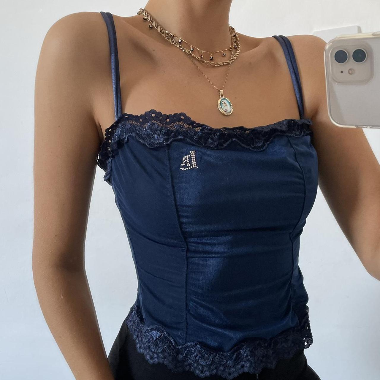 Gorgeous vintage Italian bustier, dark blue satiny... - Depop