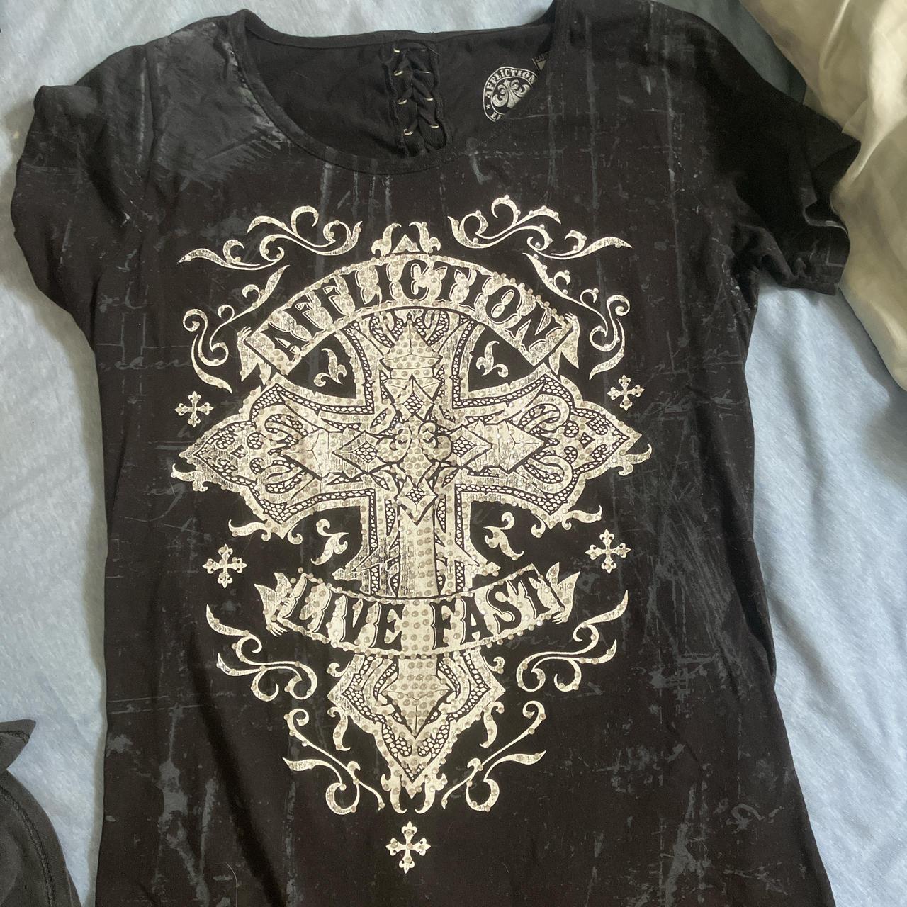 Affliction “live fast” black & white cross shirt,... | Depop