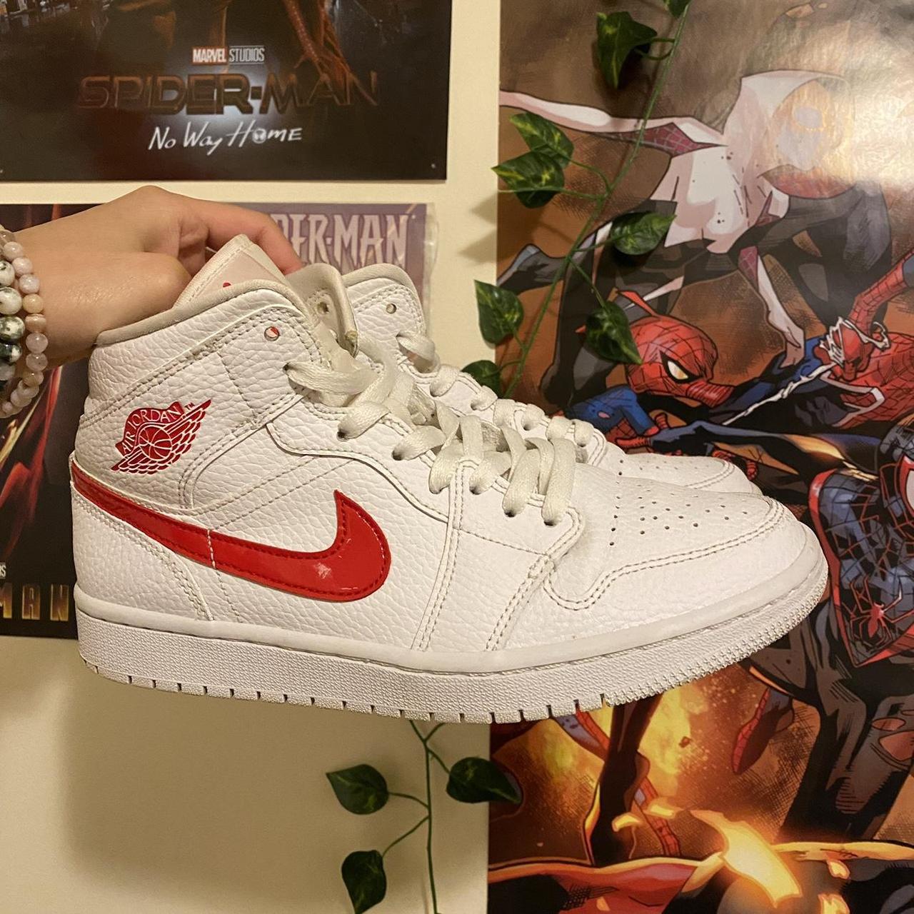 Jordan Women's White and Red Trainers | Depop