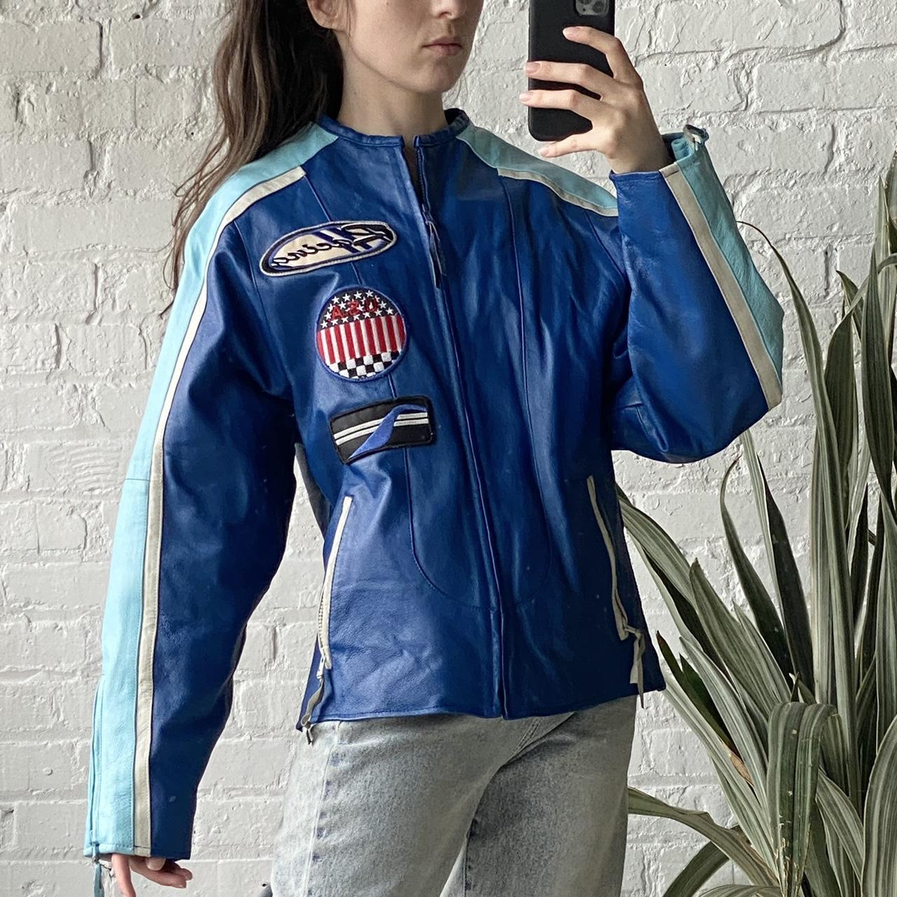 Vintage y2k blue genuine leather racing/motocross... - Depop