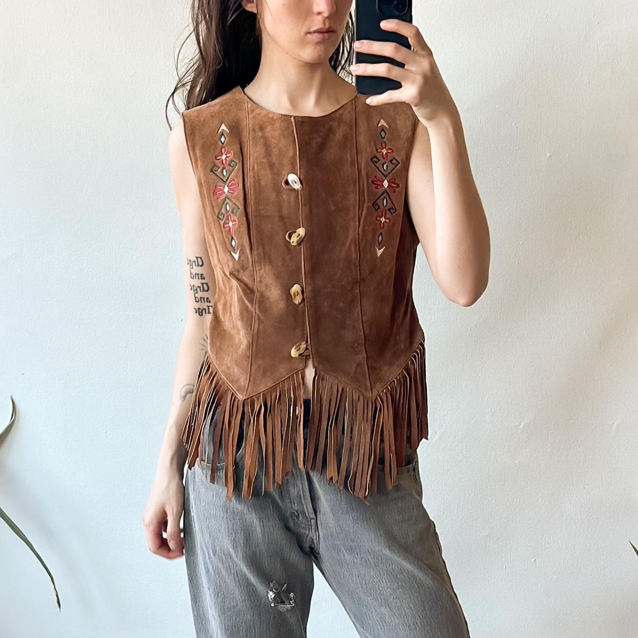 Vintage 90s brown suede genuine leather suede fringe... - Depop