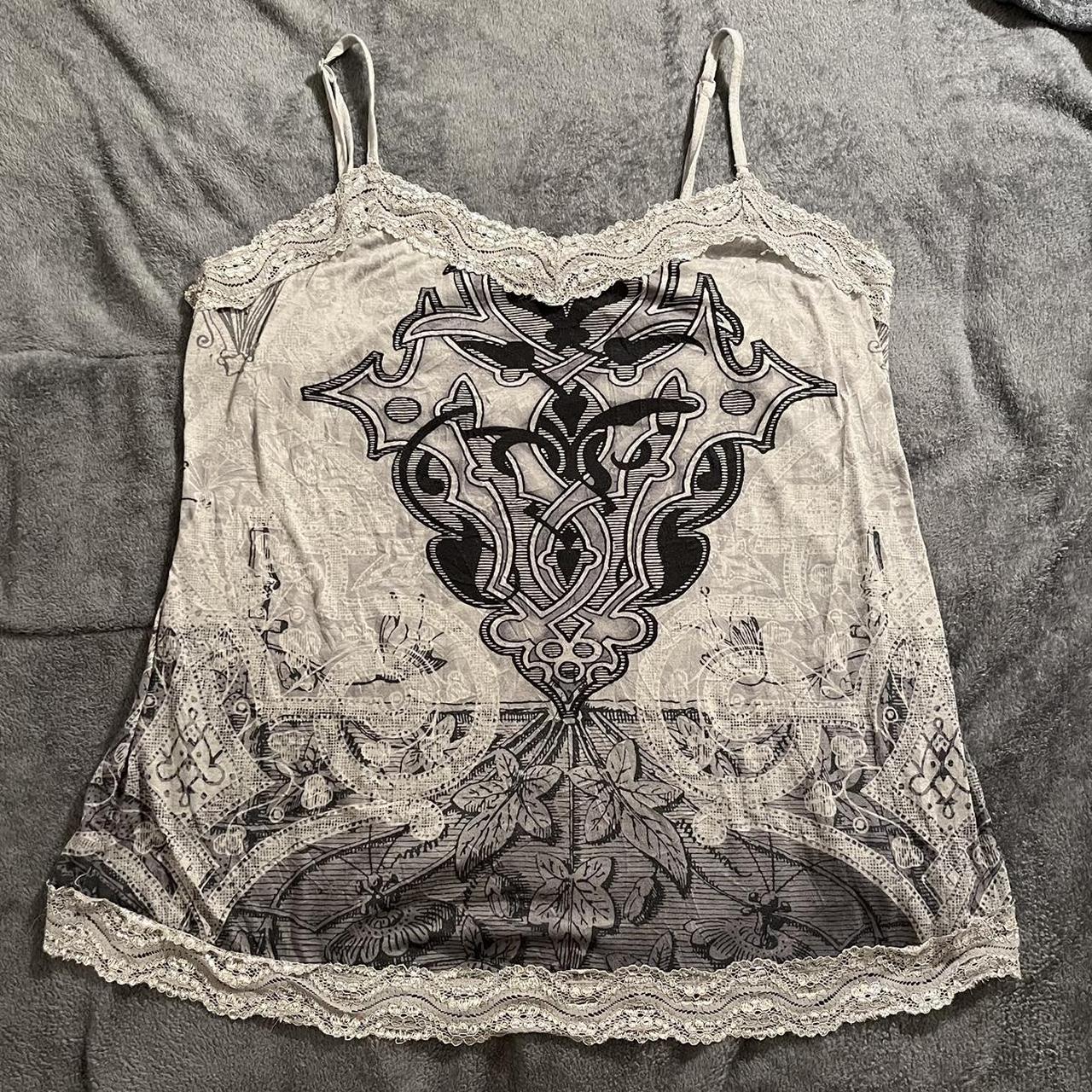 Grey lace Y2K/Grunge cybercore tank top Size: L/XL... - Depop