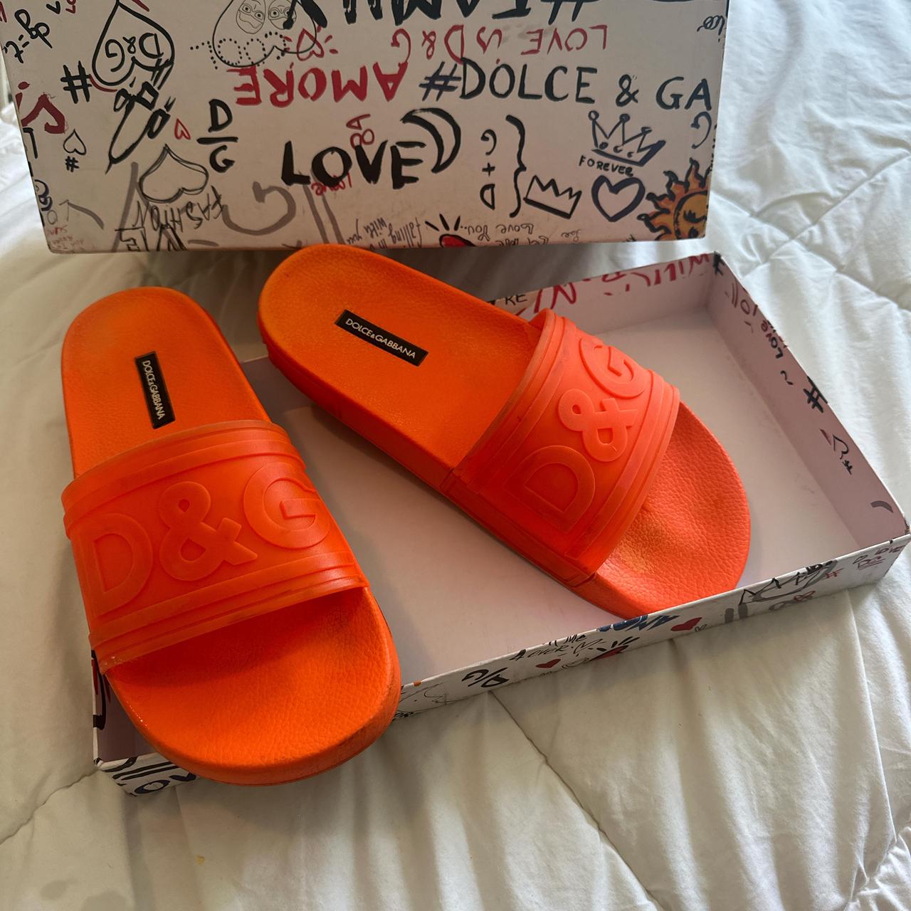 Dolce and Gabbana neon orange rubber slides. Show... - Depop