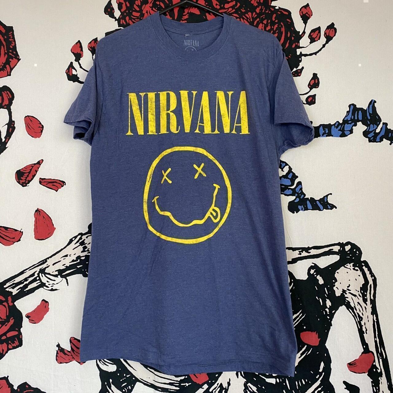 Nirvana Smiley Face Logo Shirt Blue Rock Punk Grunge... - Depop