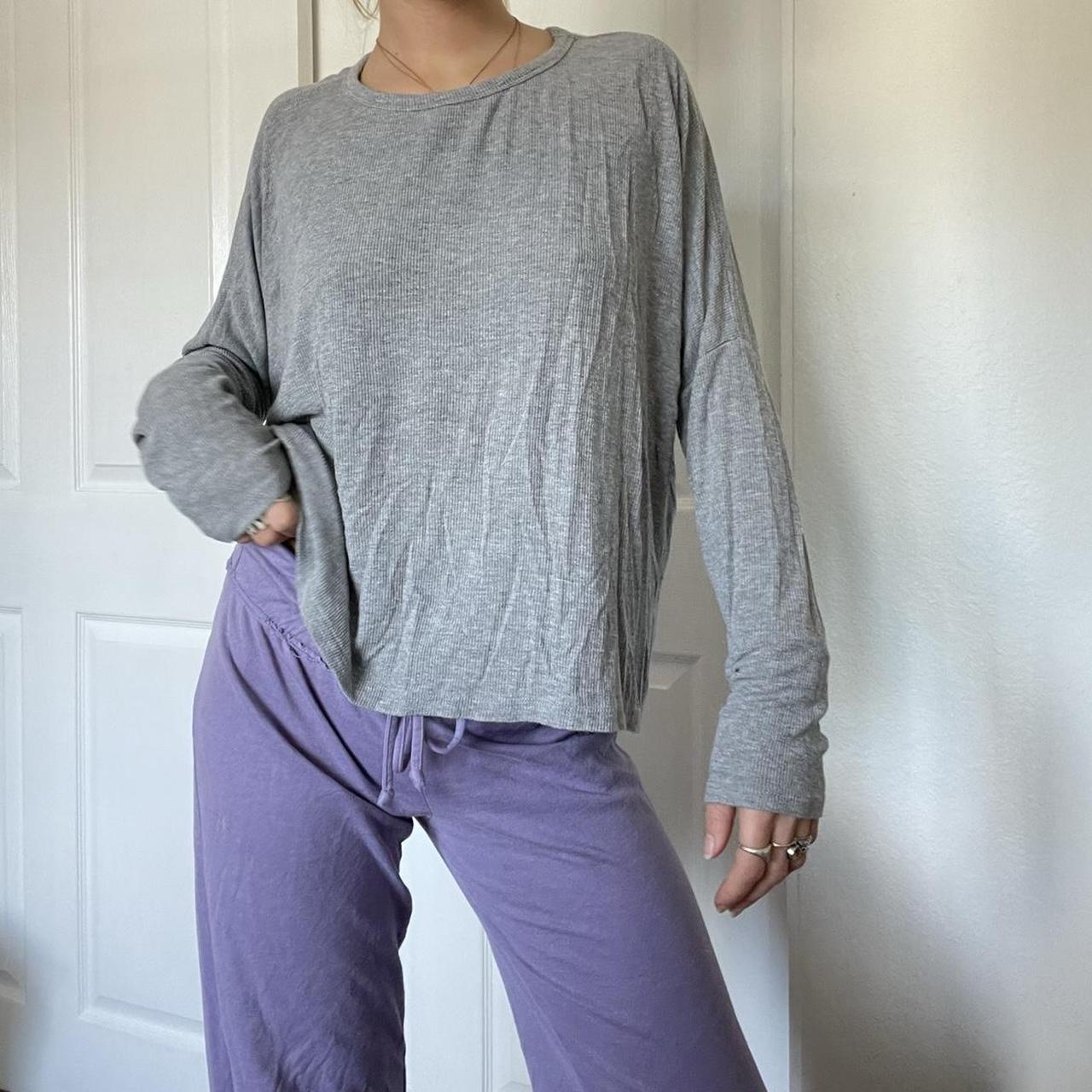 grey ribbed long sleeve top sleep top/ loungewear... - Depop