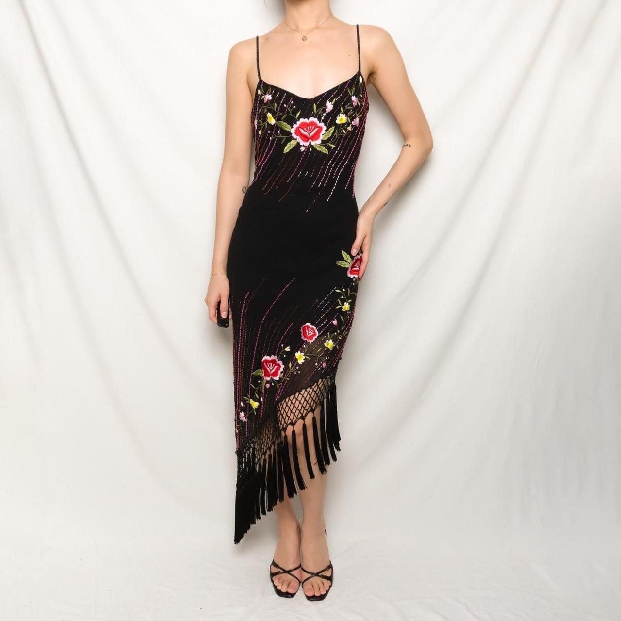 vintage 90s y2k black silk floral embroidered beaded... - Depop