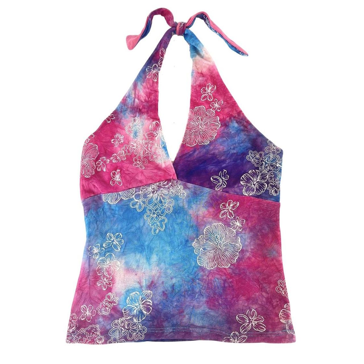Vintage 2000s mesh halter top tie dye hibiscus print... - Depop