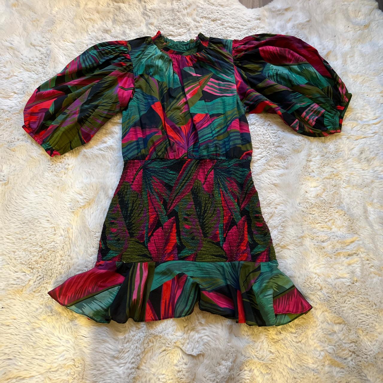 Farm Rio Palm Leaf Pink and Green Dress Size M - Depop