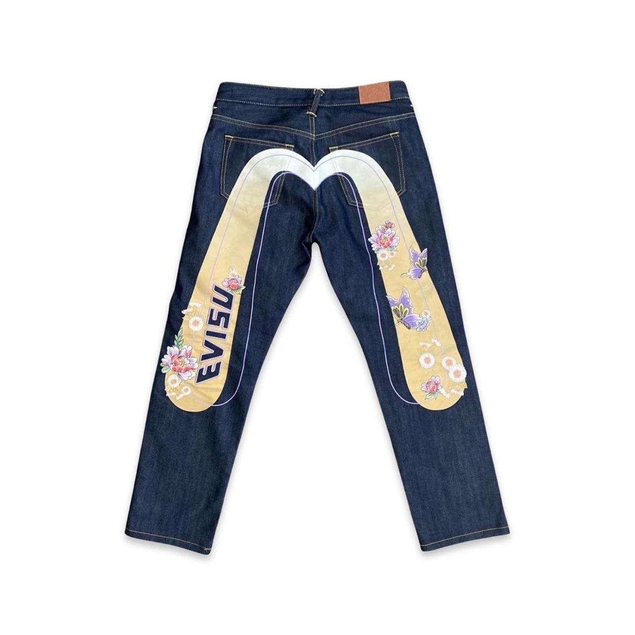 Evisu Women's Navy and Gold Trousers | Depop
