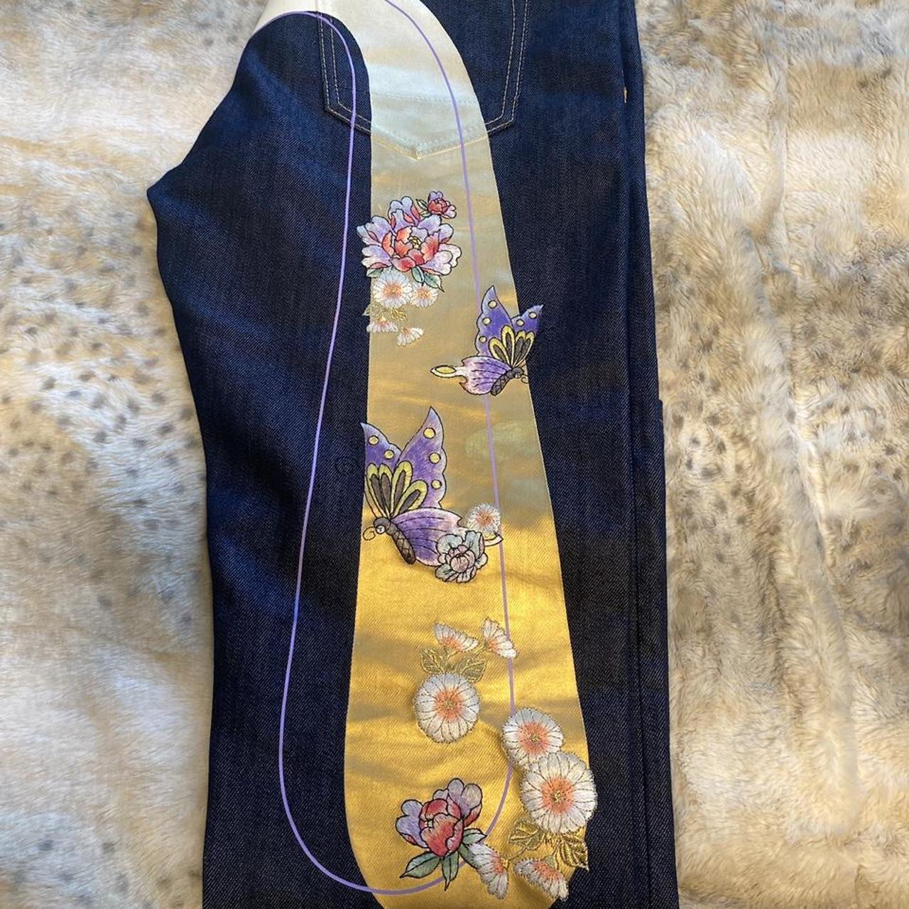 Evisu Women's Navy and Gold Trousers | Depop