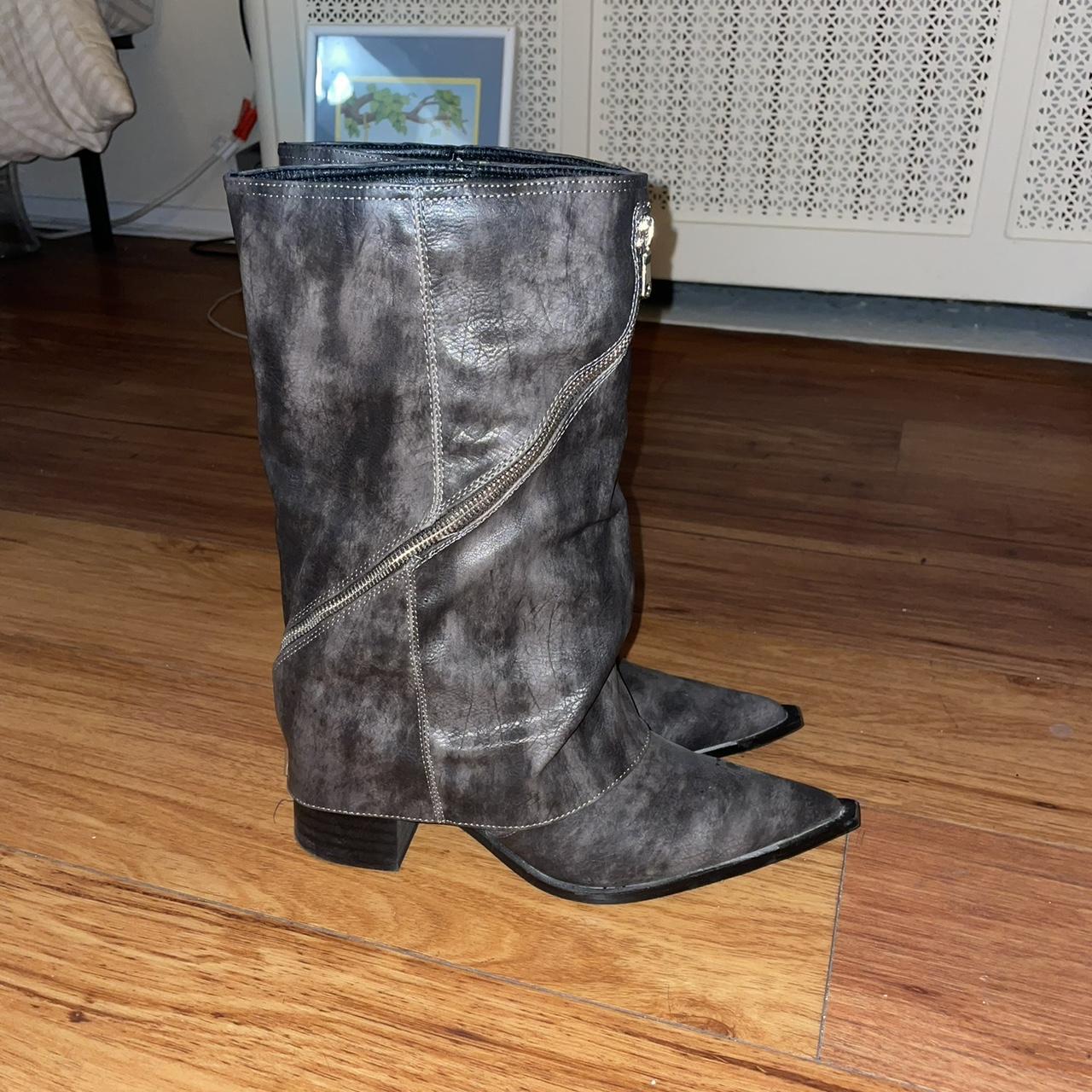 Dark grey/brown faux leather fold over boots; slight... - Depop