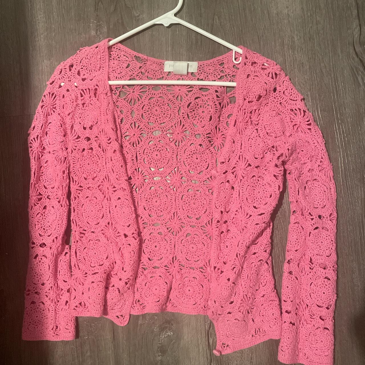 pink crochet cropped cardigan - Depop
