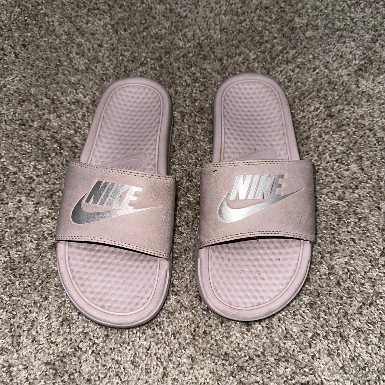 pink nike slides womens size 7 good condition needs... - Depop