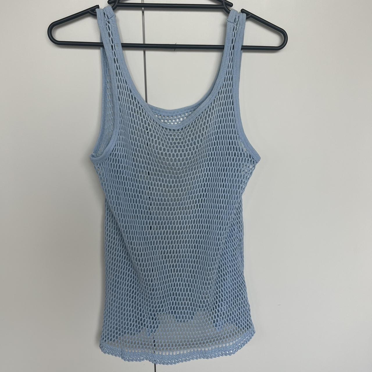 Vintage fishnet baby blue tank Probably a size L - Depop