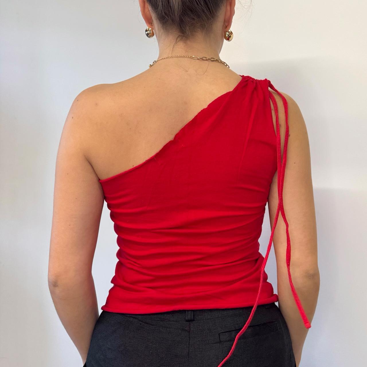 Vintage red asymmetric top, with adjustable ruching... - Depop
