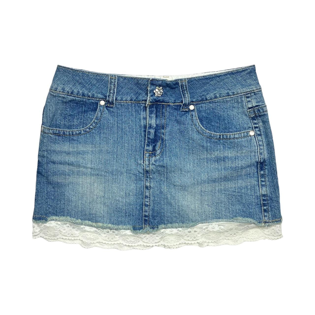 Deb Jeans Y2K Rhinestone Bling Button Lace Trim... - Depop