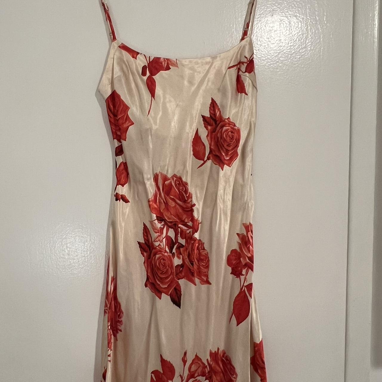 meshki satin dress-rose print size xxs wore once for... - Depop
