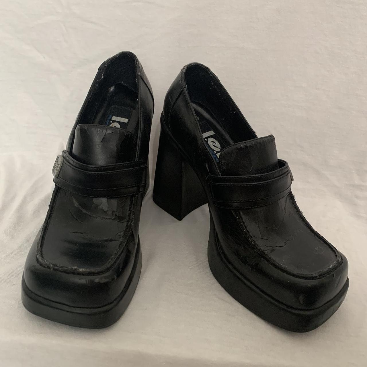 y2k goth black platform square toe loafers 6.5... - Depop