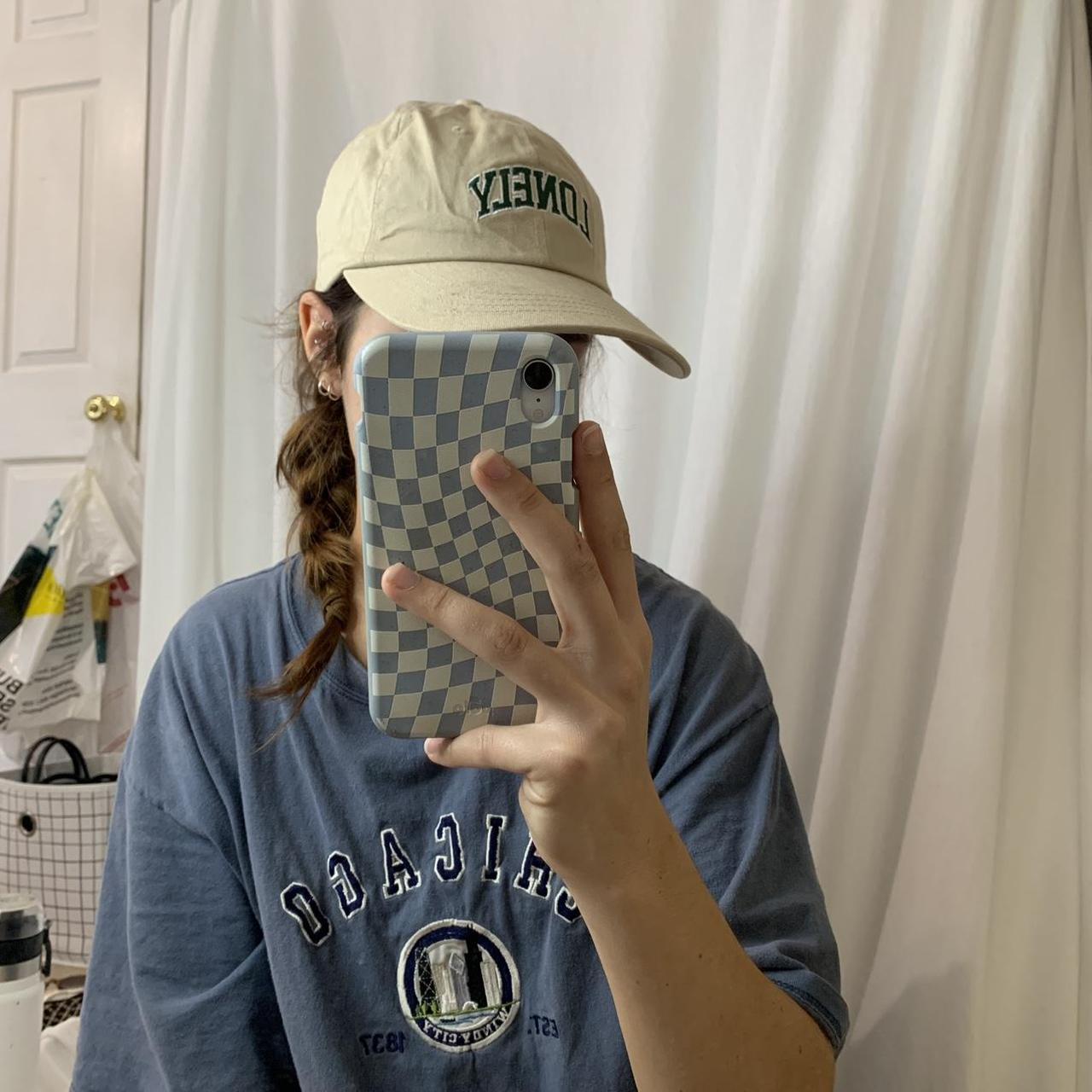 Tan with green embroidered baseball cap Slight stain... - Depop