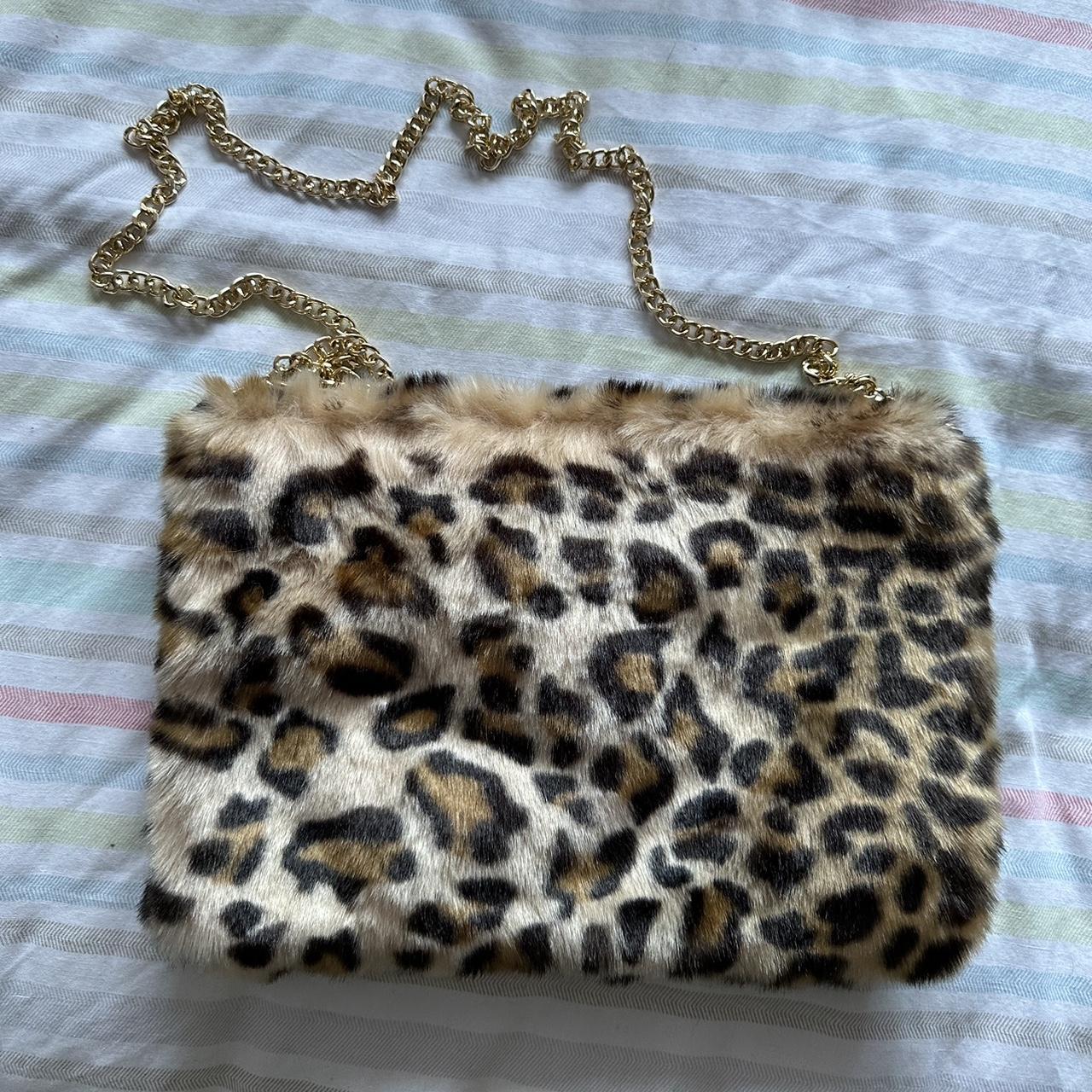 cute leopard print faux fur shoulder bag with gold... - Depop
