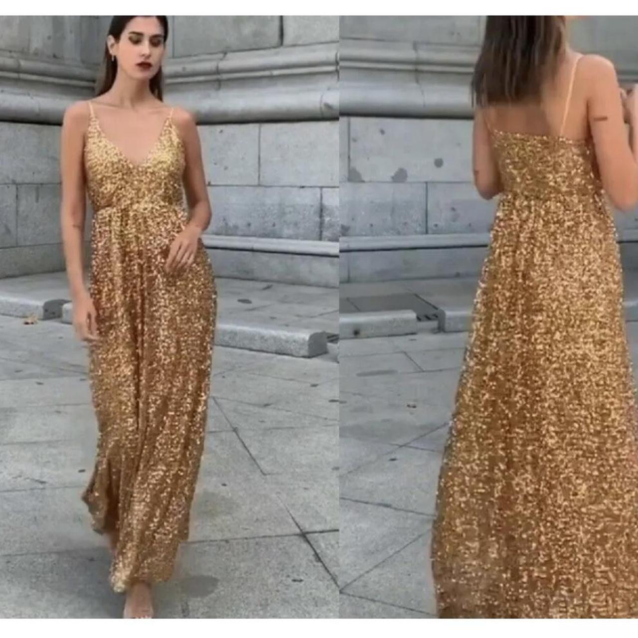 Zara gold sequins maxi dress size small Maxi... - Depop
