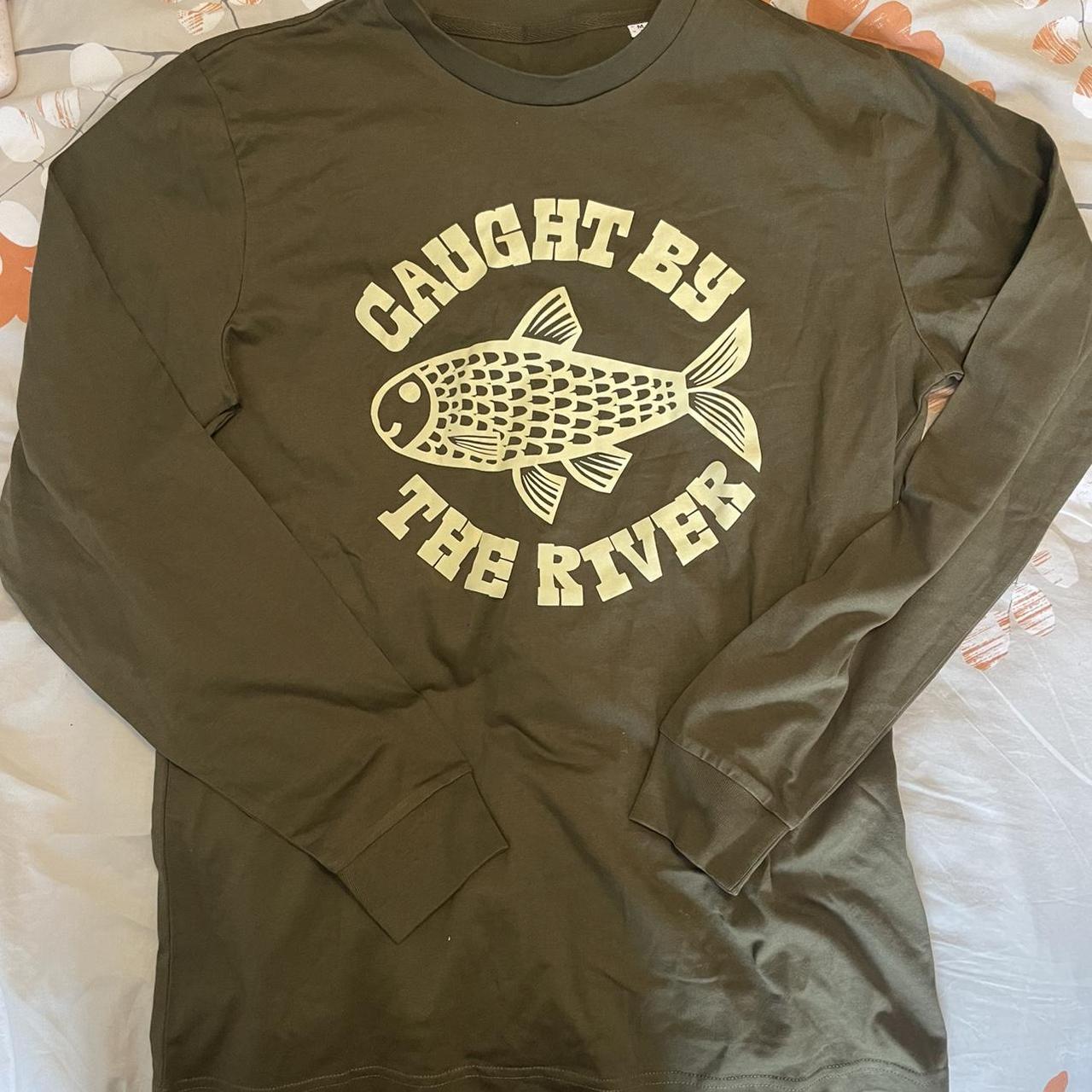 khaki green graphic fish long sleeve shirt size mens... - Depop