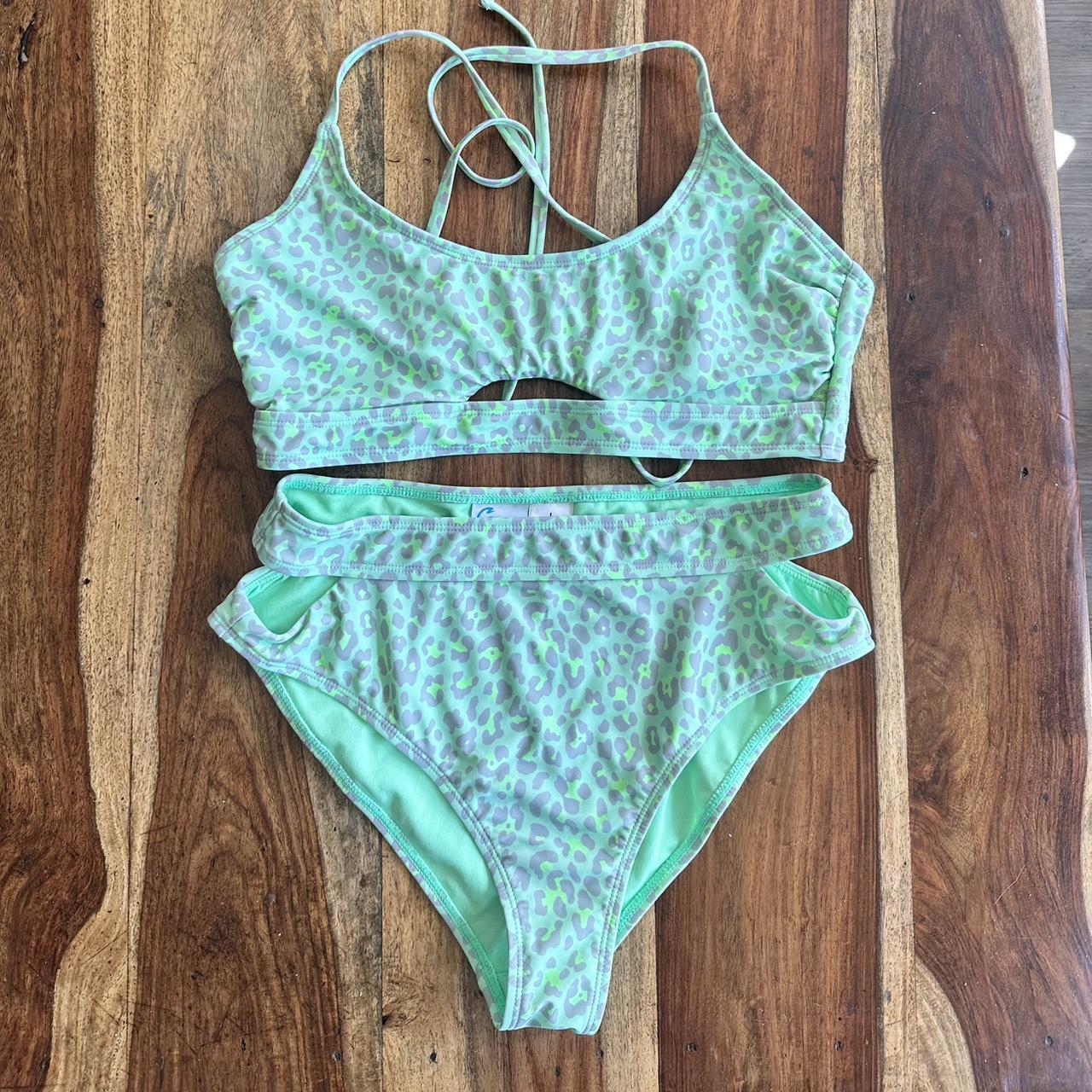 Neon green leopard bikini Size L Great condition,... | Depop