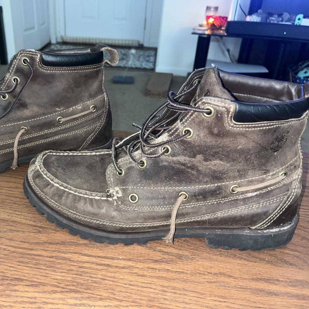 Dark brown leather Timberland boots. Very loved with... - Depop