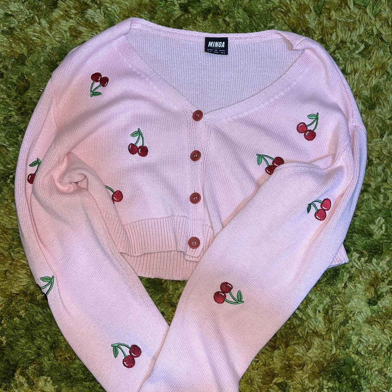 ON HOLD minga pink cherry cardigan size m can fit s... - Depop