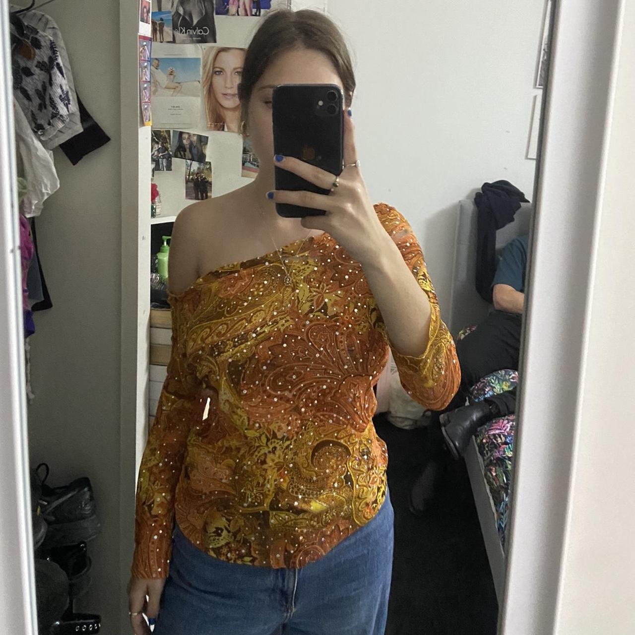 Beautiful vintage off the shoulder orange long... - Depop