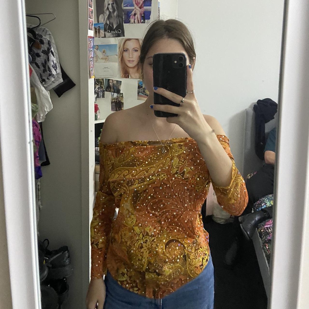 Beautiful vintage off the shoulder orange long... - Depop