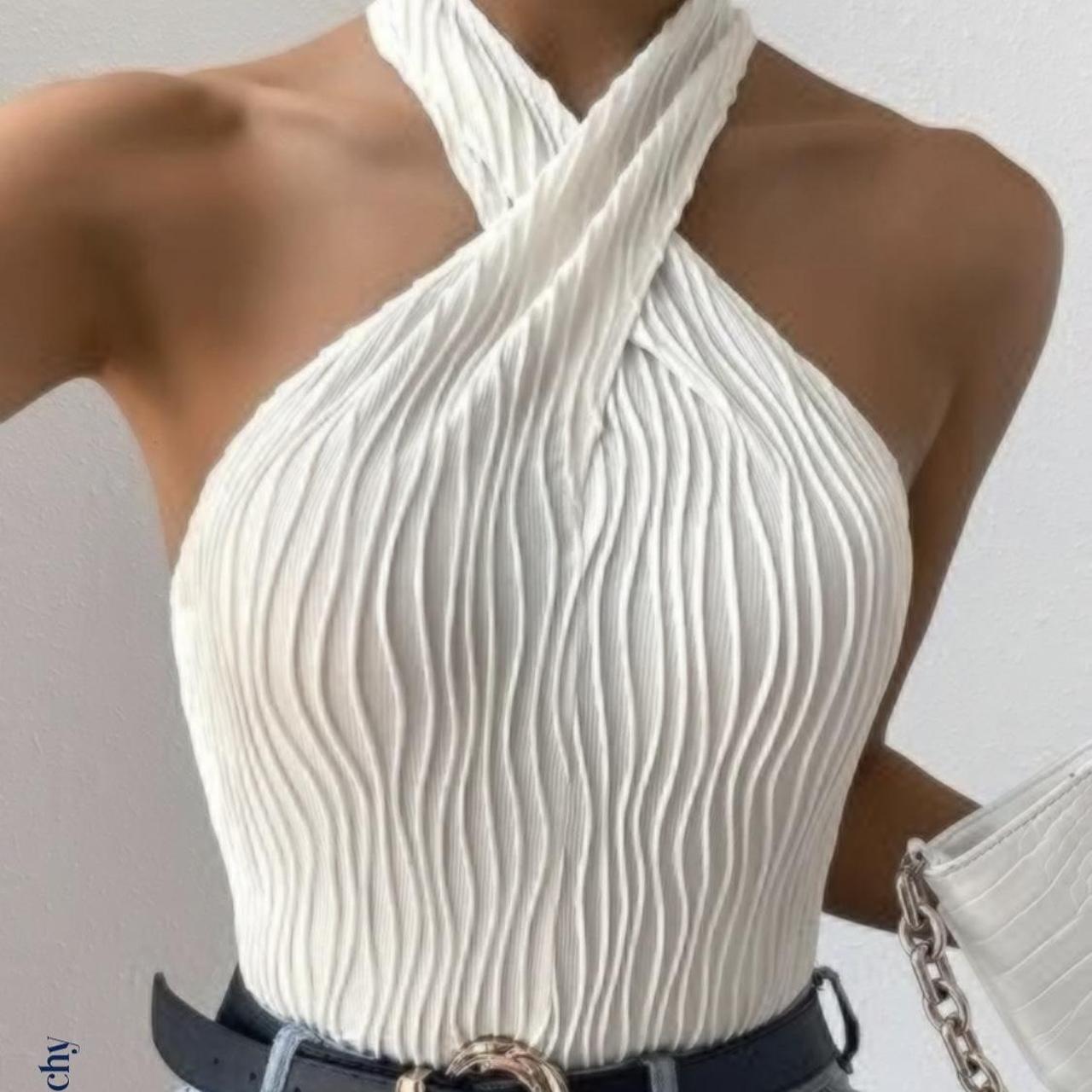 White shein cross over top. Never worn, doesn’t fit.... - Depop