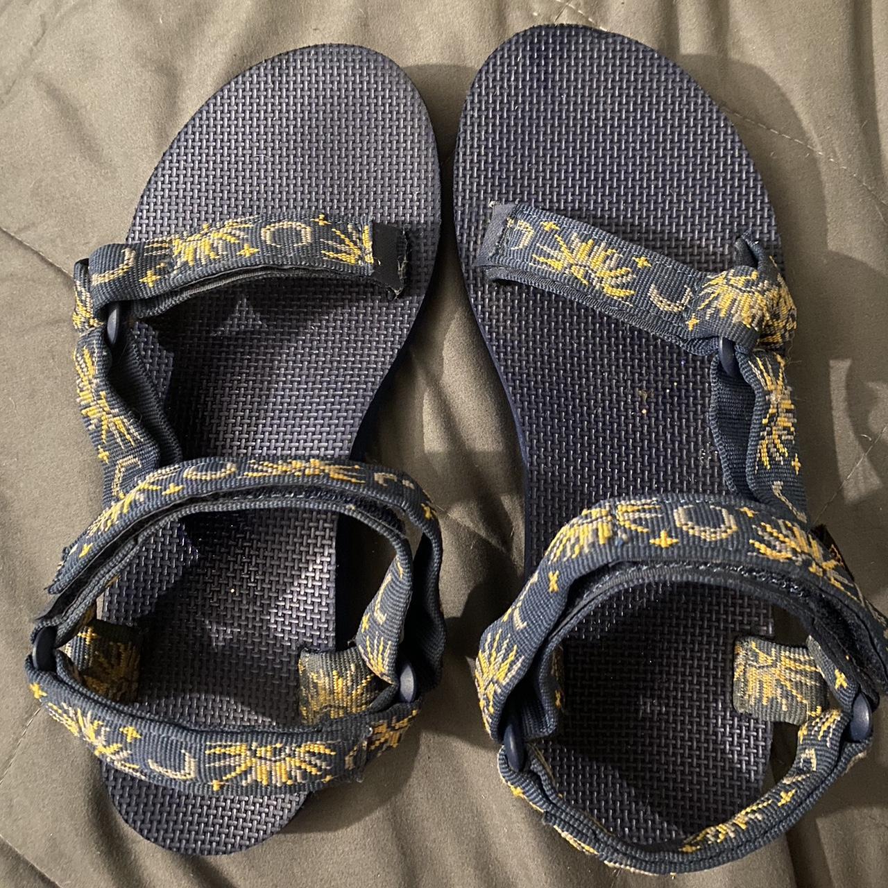 Blue Teva sandals with gold moon, sun, and star... - Depop