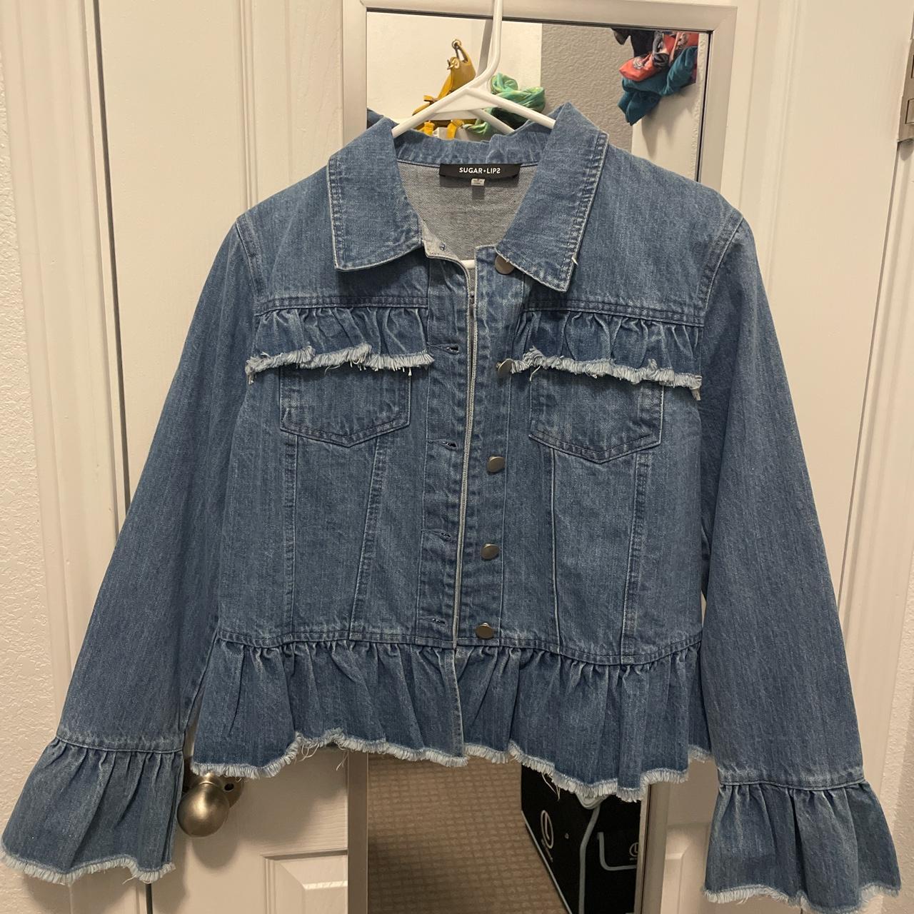 Never worn denim jacket with ruffles and flared... - Depop