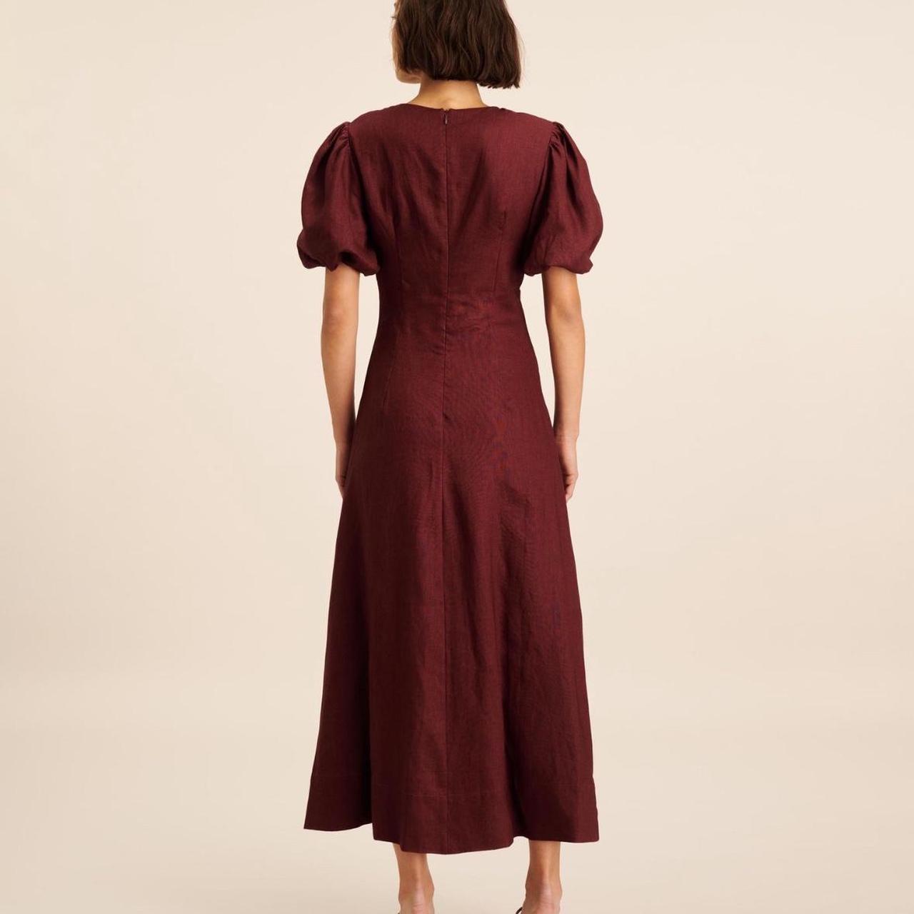 Aere- Linen Puff Sleeve Midi Dress - deep berry.... - Depop