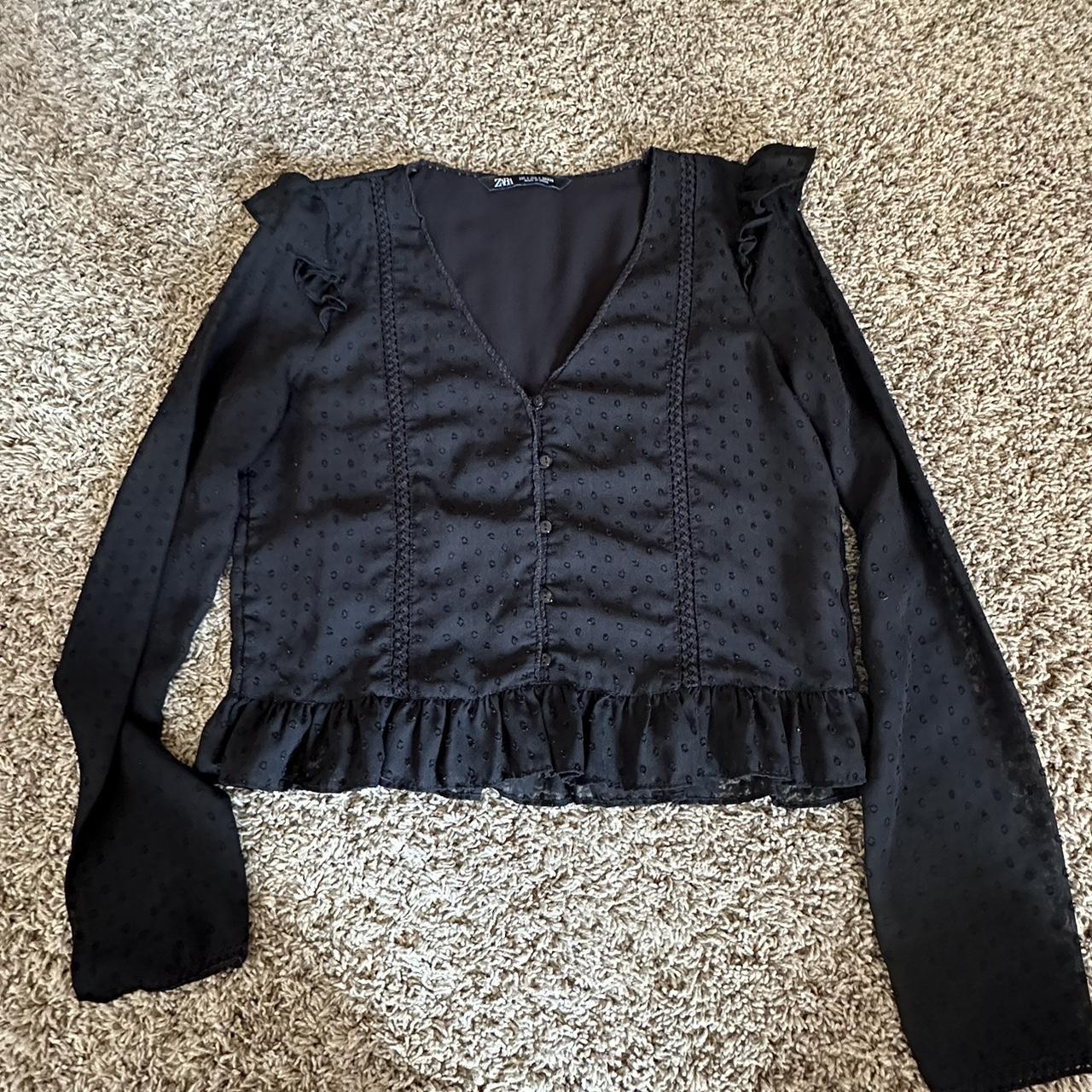 Black ruffle blouse from Zara Size small Perfect for... - Depop
