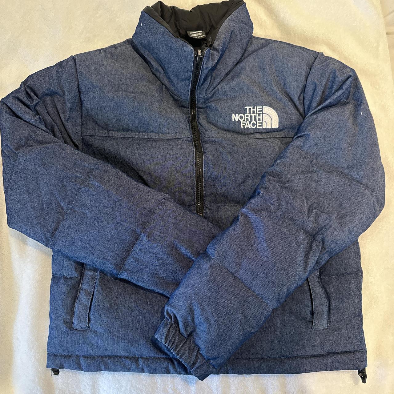 North Face denim nuptse Puffer Jacket. Reversible to... - Depop