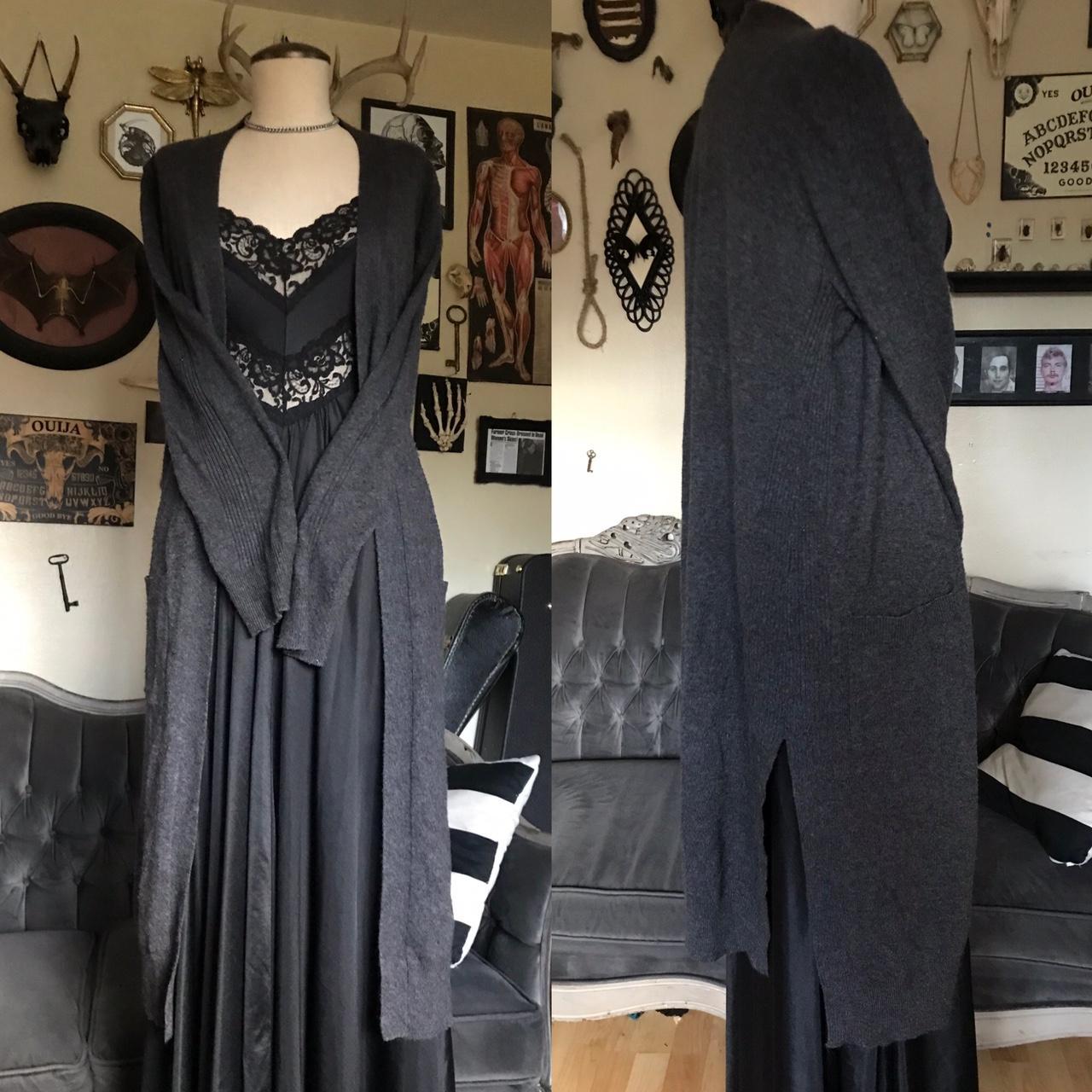 Xxxxtra long grey cardigan. Has lil slits on the... - Depop